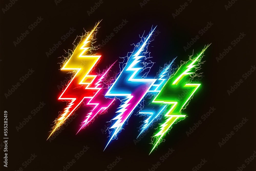 Isolated against a white wall are a series of colorful neon lightning ...