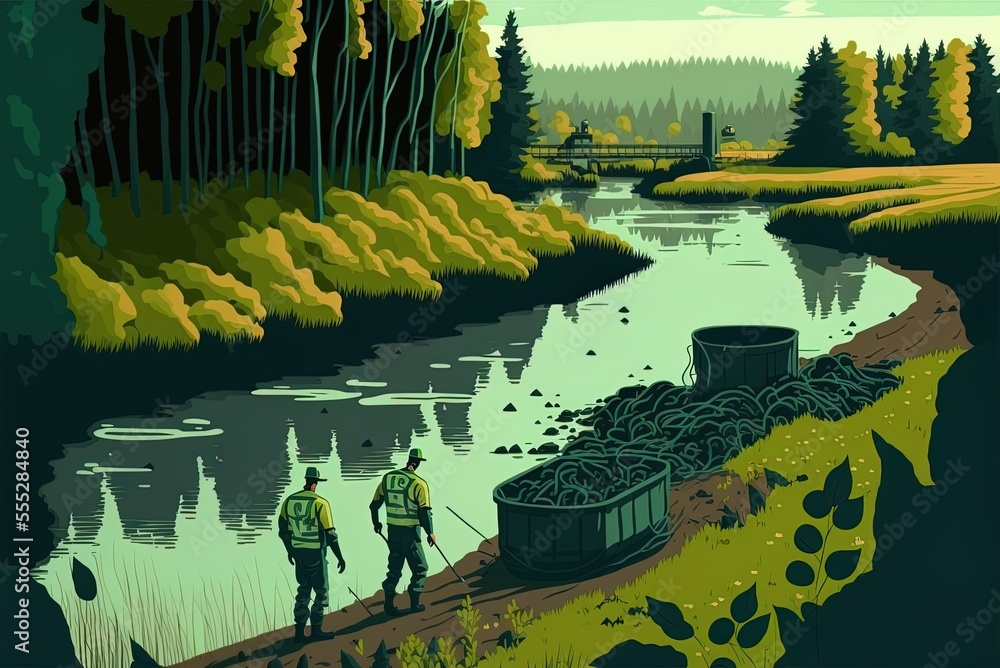 Illustration of nature water pollution with a scene of a slender river ...