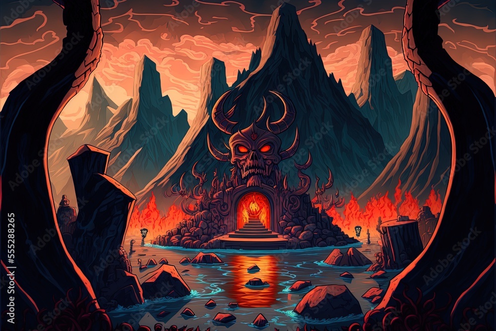 Imaginary scene in which molten magma flows from a mountain cave and an ...