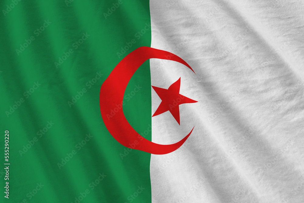 Algeria flag with big folds waving close up under the studio light ...