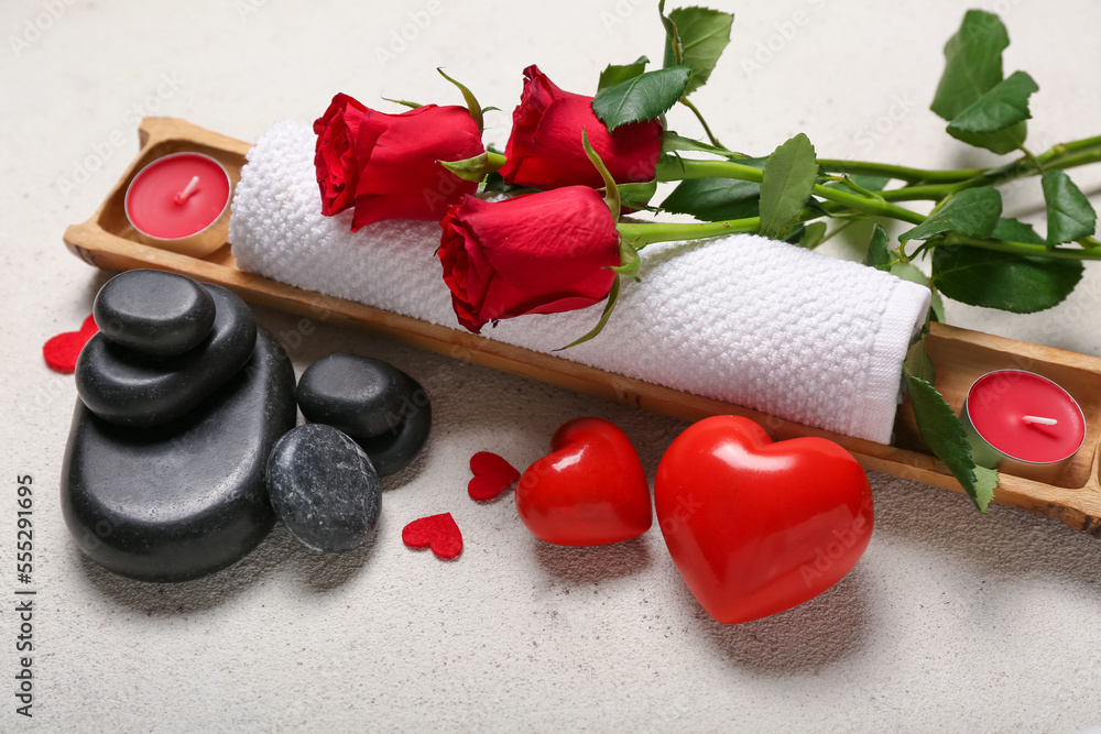 Beautiful spa composition for Valentine's Day with flowers, towel ...