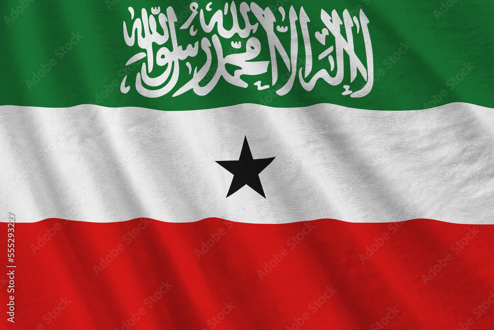 Somaliland flag with big folds waving close up under the studio light ...