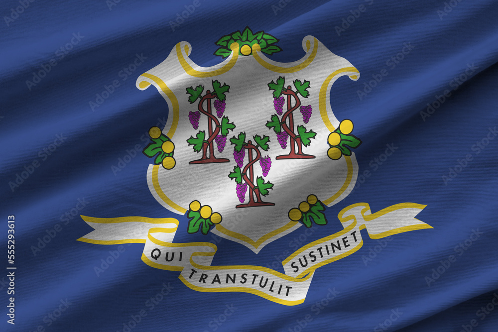 Connecticut US state flag with big folds waving close up under the ...