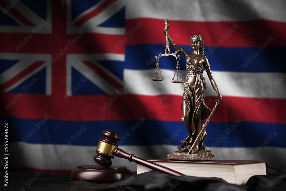 Hawaii US state flag with statue of lady justice, constitution and ...