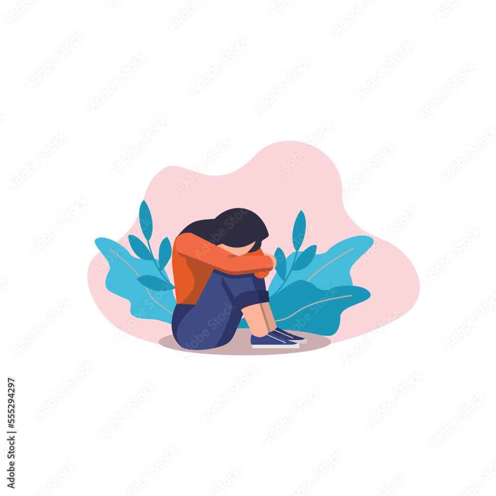 Depressed sad lonely woman in anxiety, sorrow vector cartoon ...