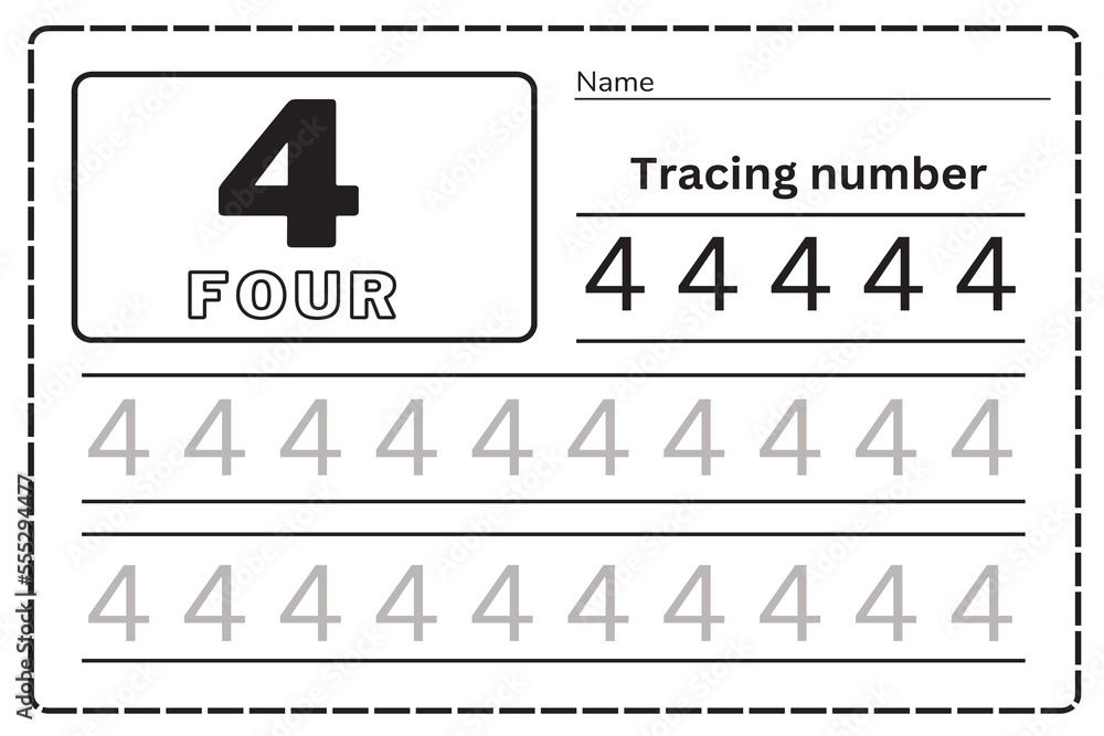 Number four tracing practice worksheet for kids learning to count and ...