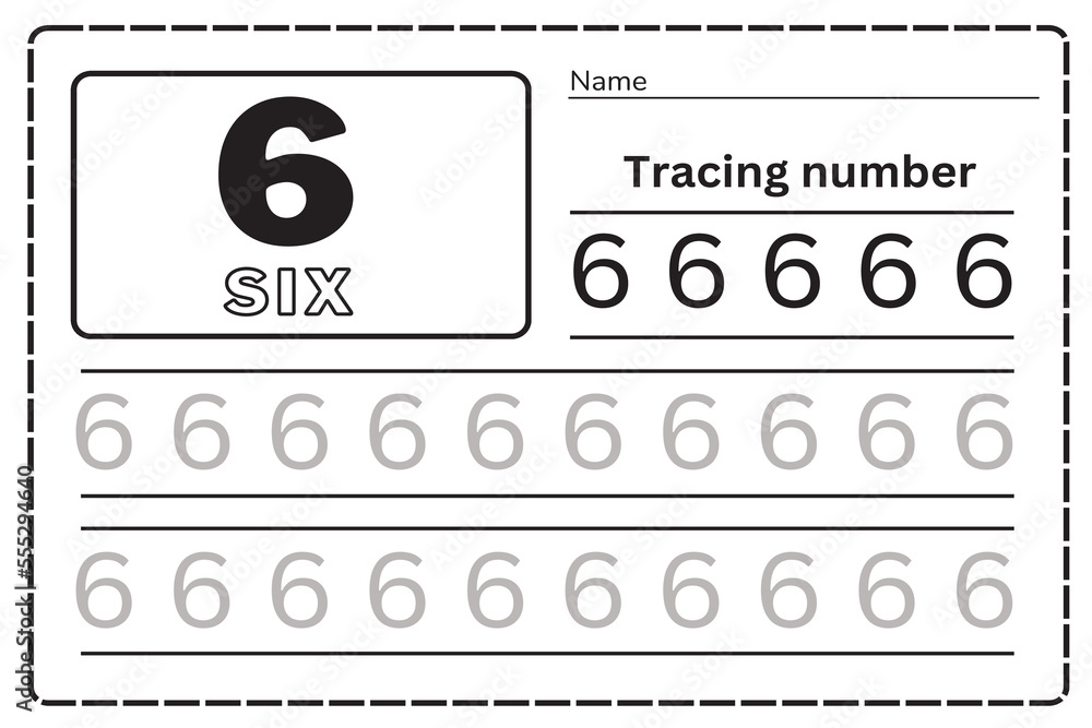 Number six tracing practice worksheet for kids learning to count and to ...