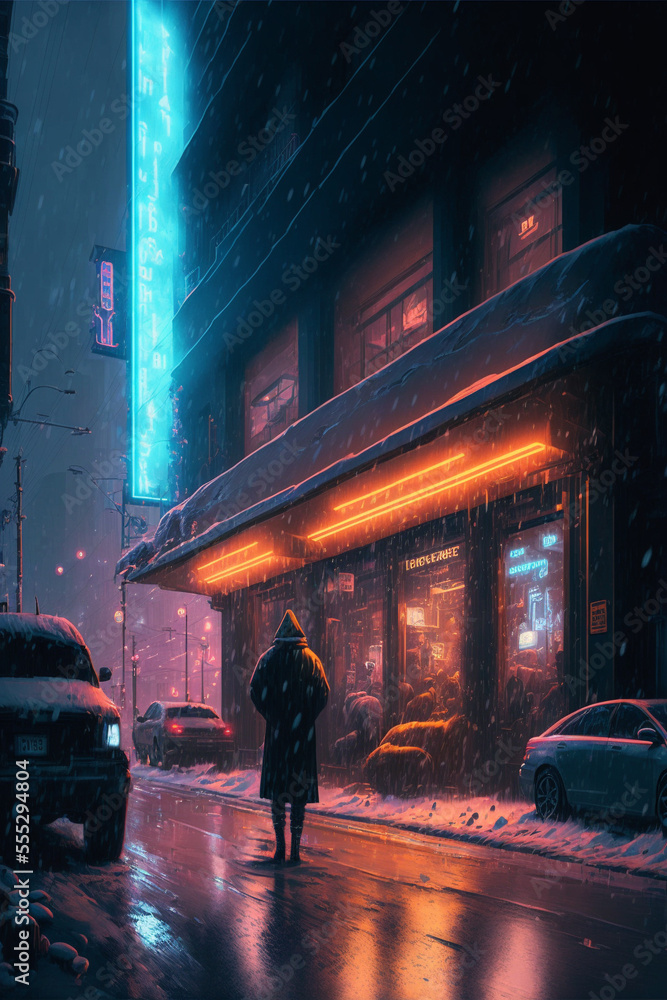 Cyberpunk Post Apocalyptic Dystopian Winter City Narrow Street Neon