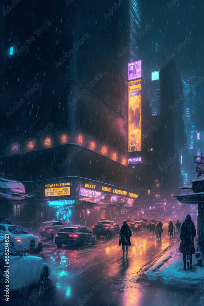 cyberpunk post-apocalyptic dystopian winter city , narrow street, neon ...