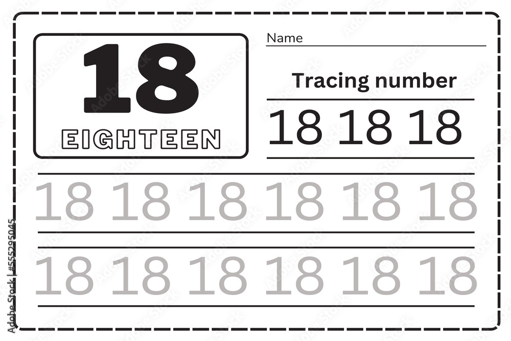 Number eighteen tracing practice worksheet for kids learning to count ...
