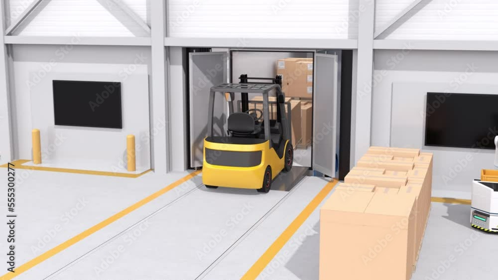 Electric forklift loading goods to truck. Interior view in modern ...