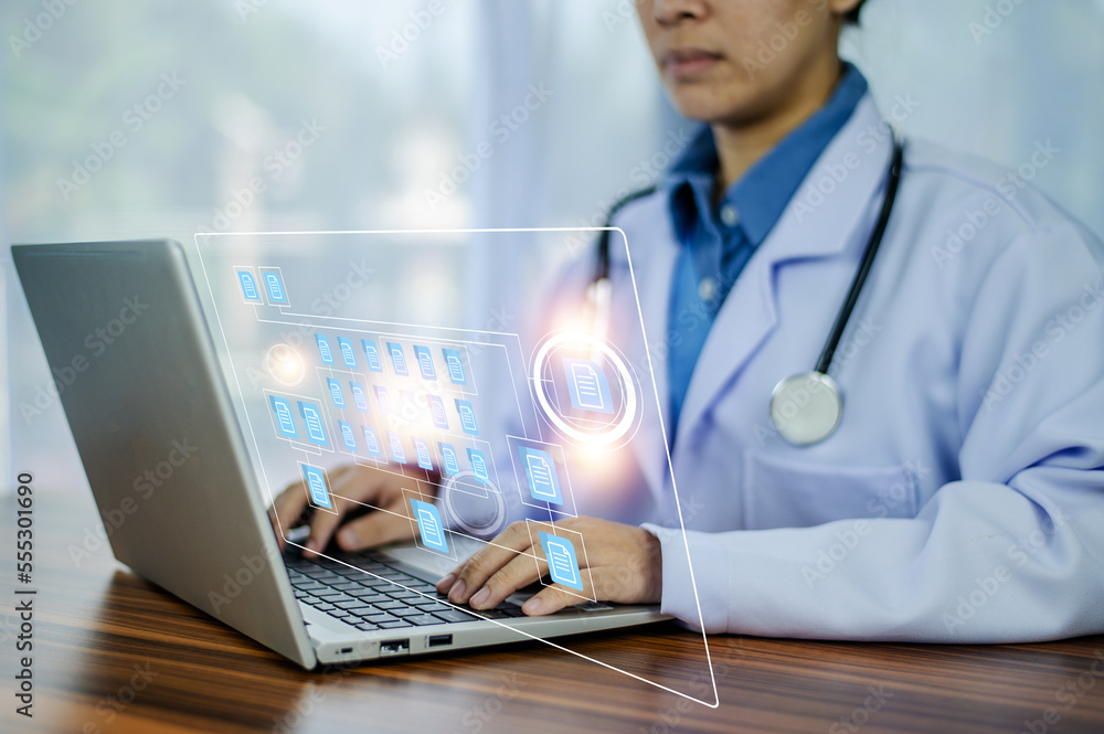 Documents concept, Doctor use computer connection server data base ...
