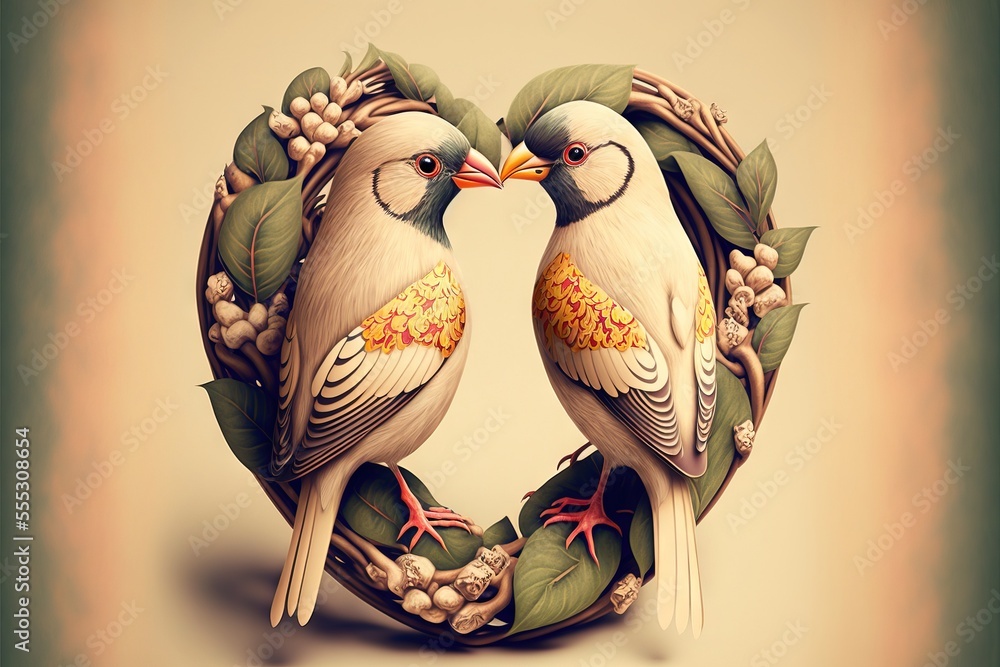 two birds sitting on top of a wreath of leaves and berries on a beige ...