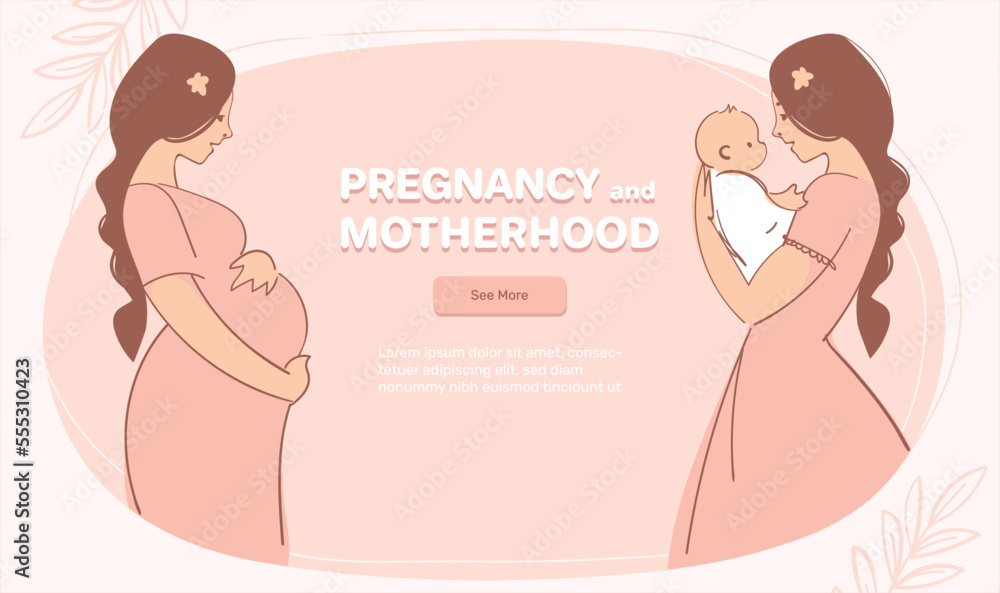 Pregnant woman, mom with baby, banner with copy space about motherhood ...