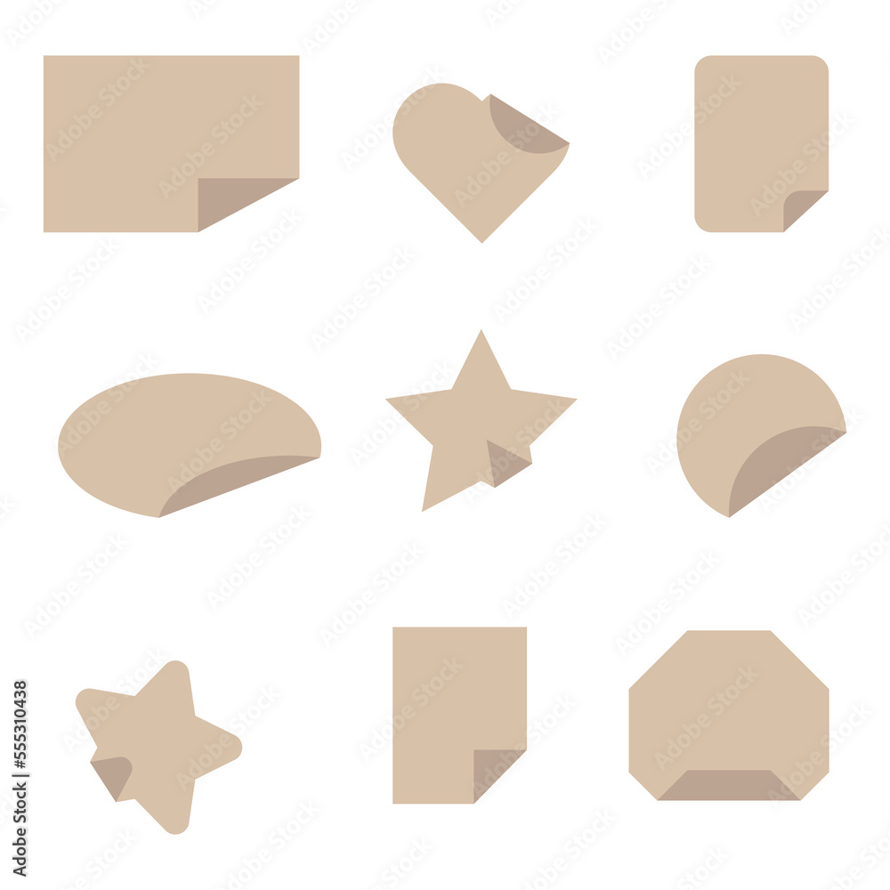 Set of empty note frames, paper stamps, curled edges, different shapes ...