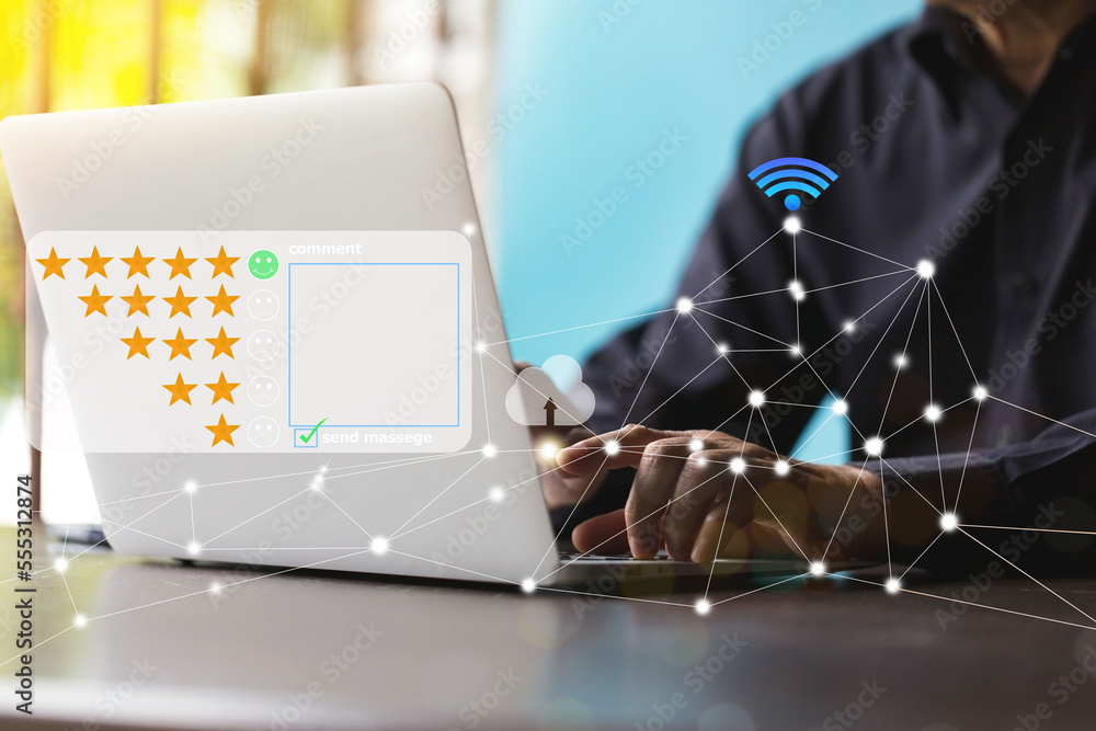 customer using computer with face icons and info graphic star to ...