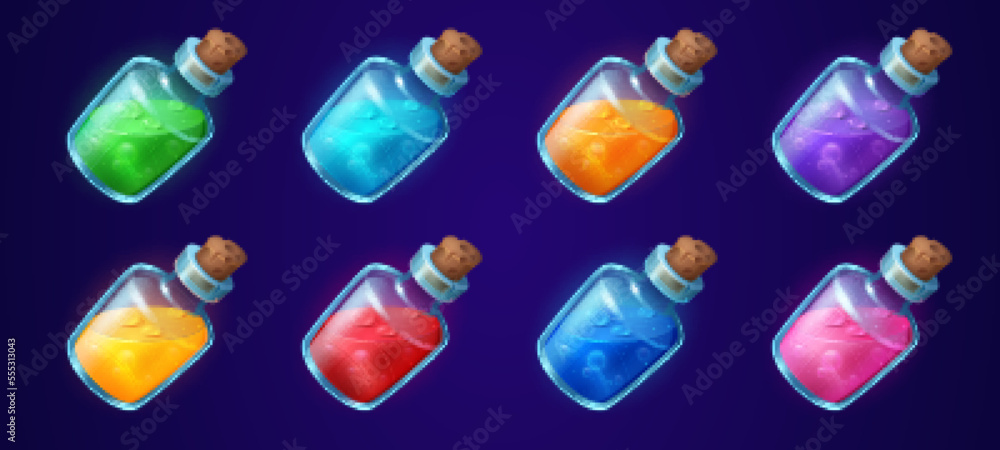 Cartoon set of glass bottles with colorful magic potions isolated on ...