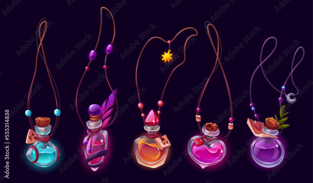 Magic pendants with elixirs and potions in bottles with ropes, corks ...