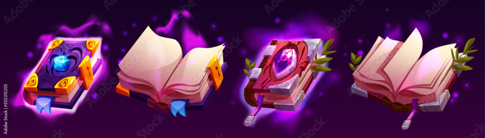 Old magic books of spells with gems, gold and silver covers and mystery ...