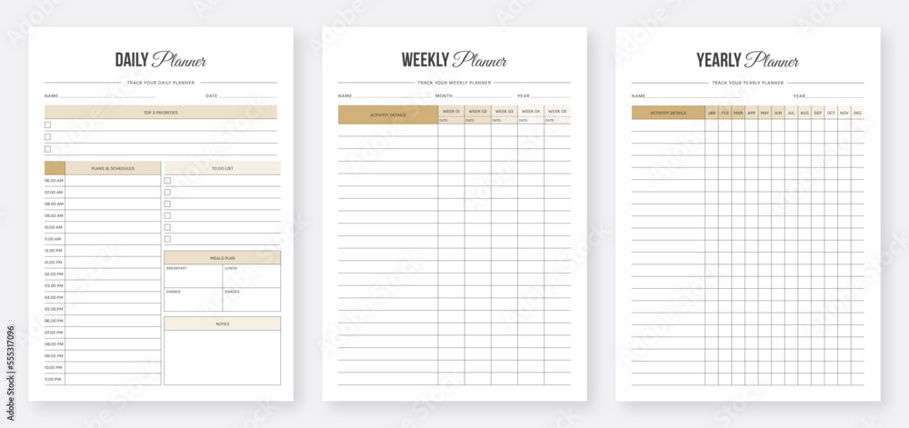 Daily, weekly, monthly, yearly planner template. 3 Set of minimalist ...