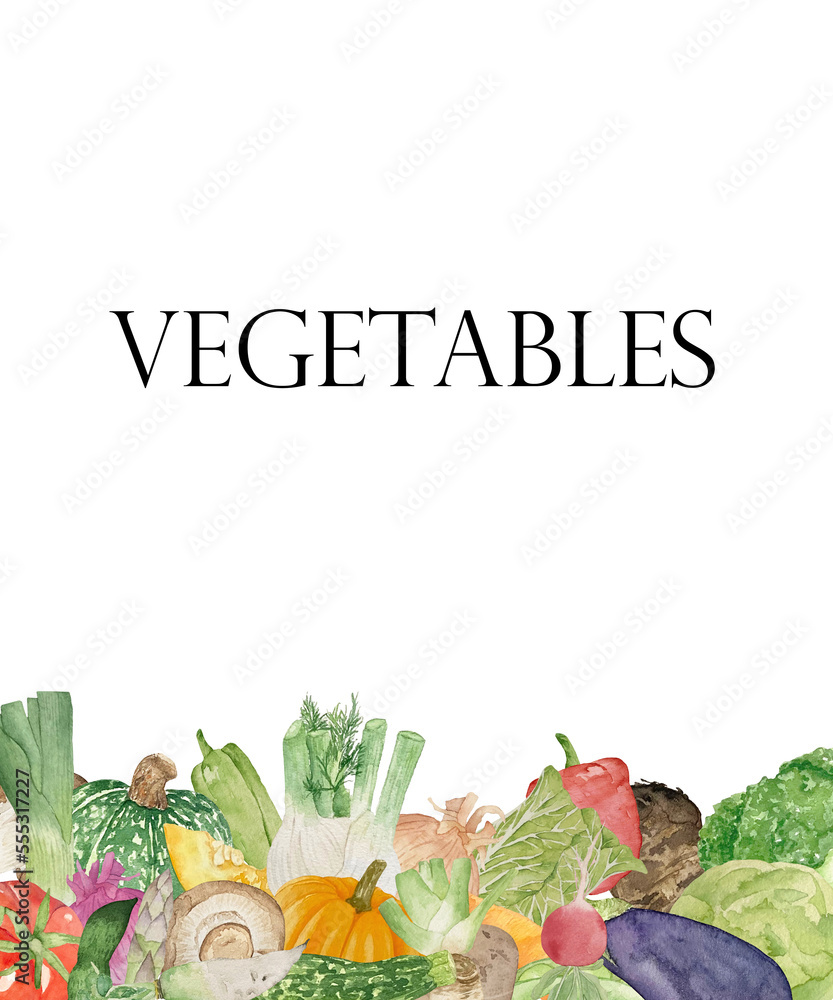 Watercolor border with various vegetables on white background flat ...
