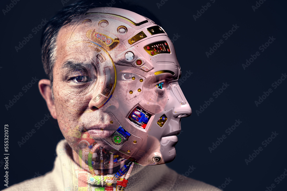 Detailed appearance of the white AI Robot and middle-aged Asian man ...