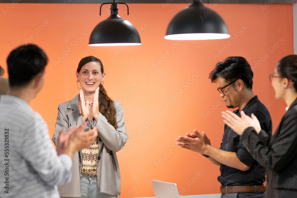 international male and female business group celebrate. happy employee ...