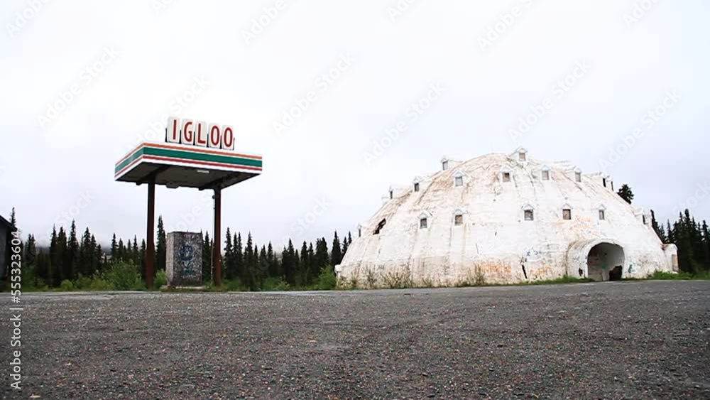 Igloo Gas Station Sign with Giant Igloo Building on Alaska Highway ...