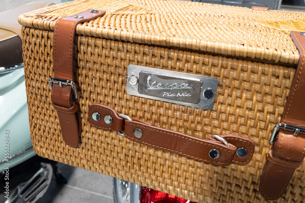 vespa text sign on top case wicker basket with brand logo on new modern ...