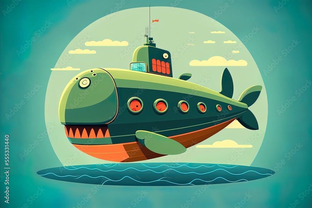 Cartoon icon artwork of a submarine submerged in water. Generative AI ...