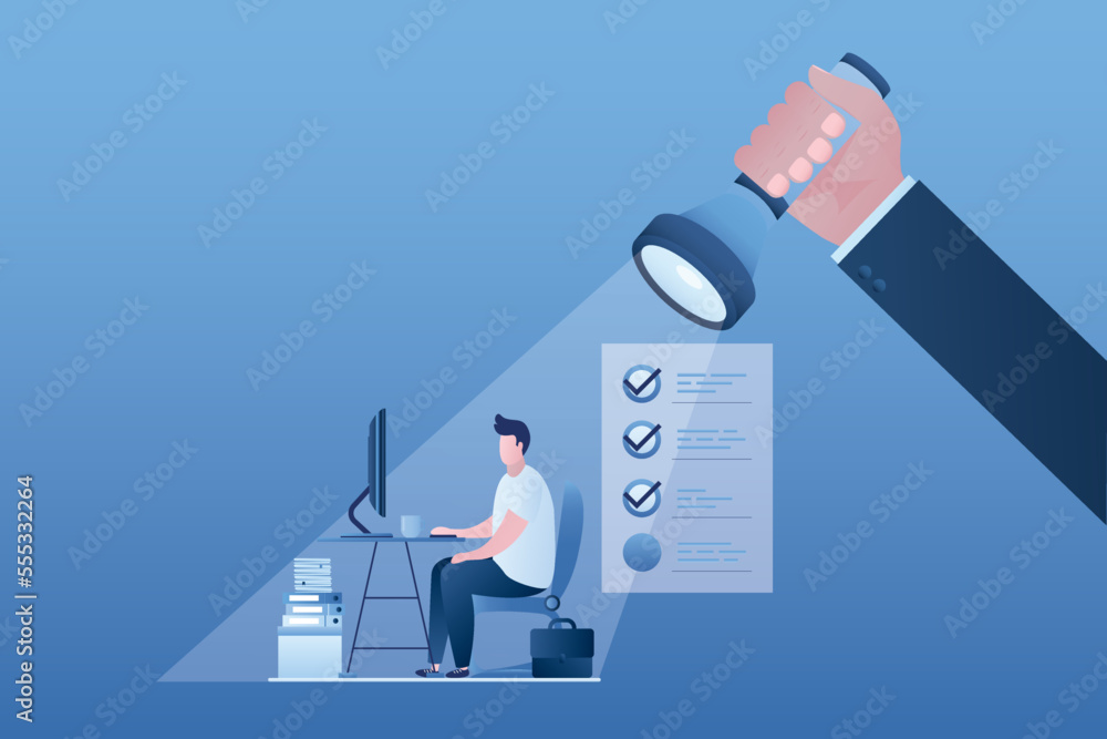 Boss hand use flashlight to lighting and evaluate his employee ...