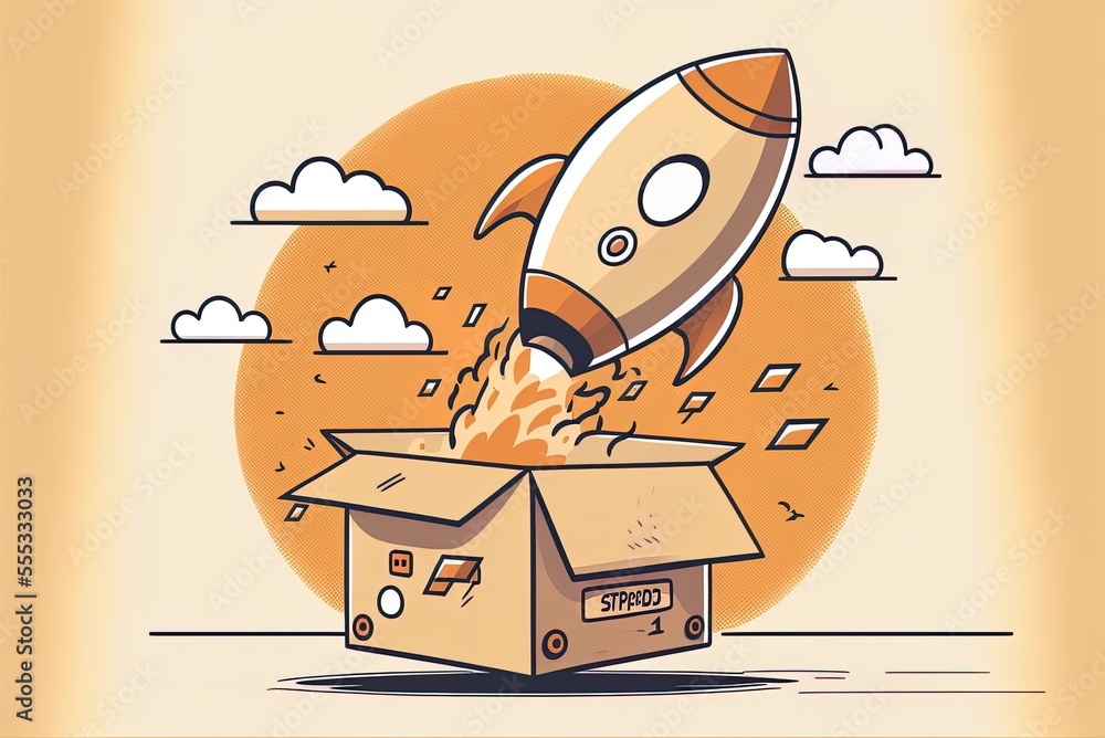 Cartoon icon artwork of a rocket taking off from a box, representing ...