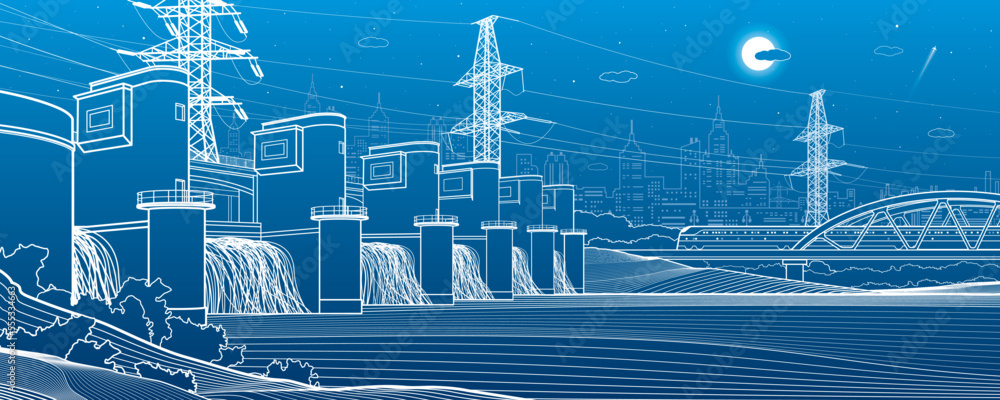 Hydro power plant. River Dam. Renewable energy sources. High voltage ...