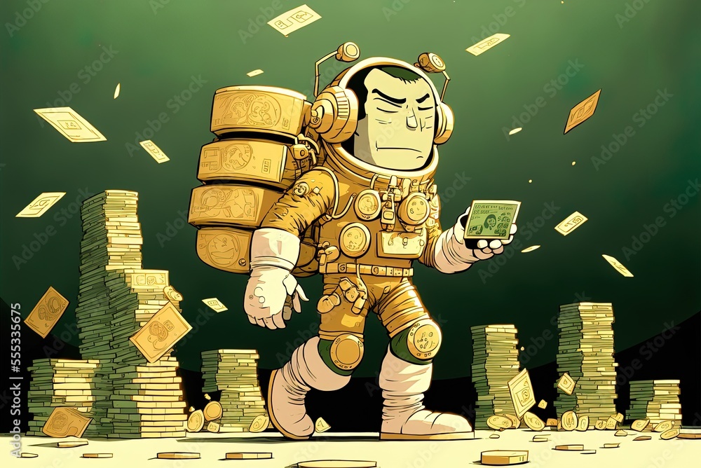 Cartoon picture of a wealthy astronaut holding a stack of gold coins ...