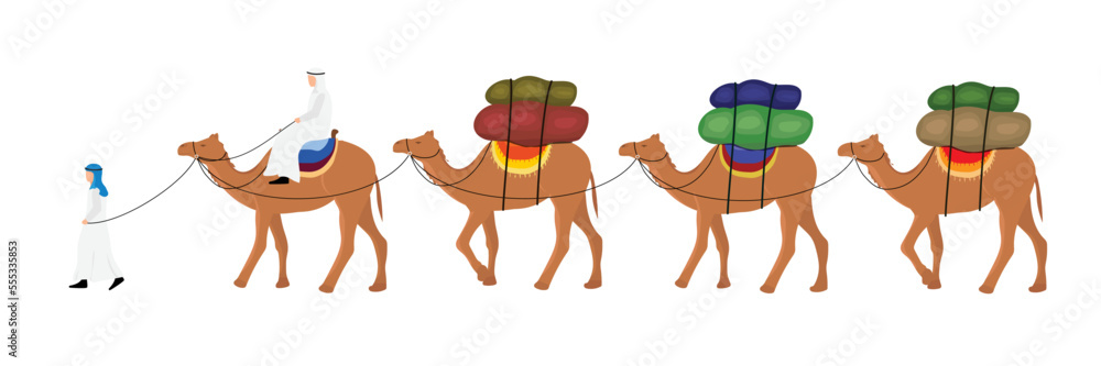 A caravan with camels and Bedouins. Camels walk in line with cargo ...