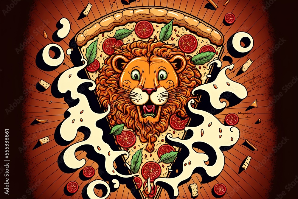 Cartoon pizza loving lion symbol illustration of pizza as an animal ...
