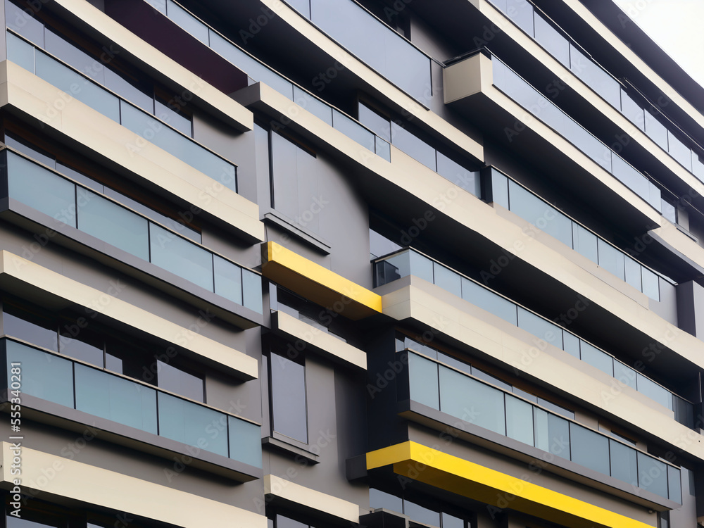 Modern style architecture, dark grey and yellow building facade ...