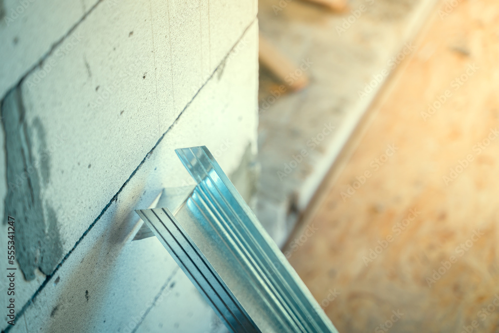 Close-up of a metal profile prepared for a frame wall. Cropped and ...
