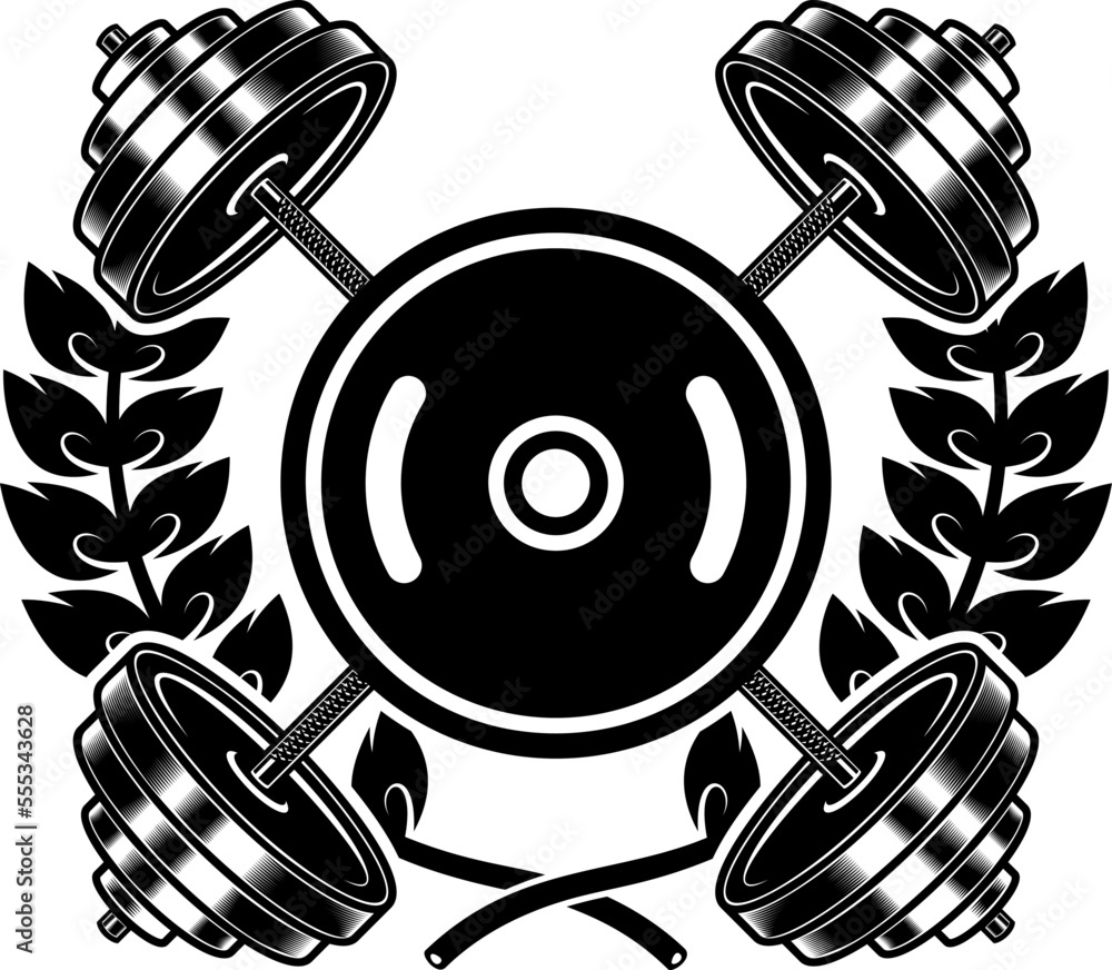Emblem template with crossed barbells and wreath. Design element for ...