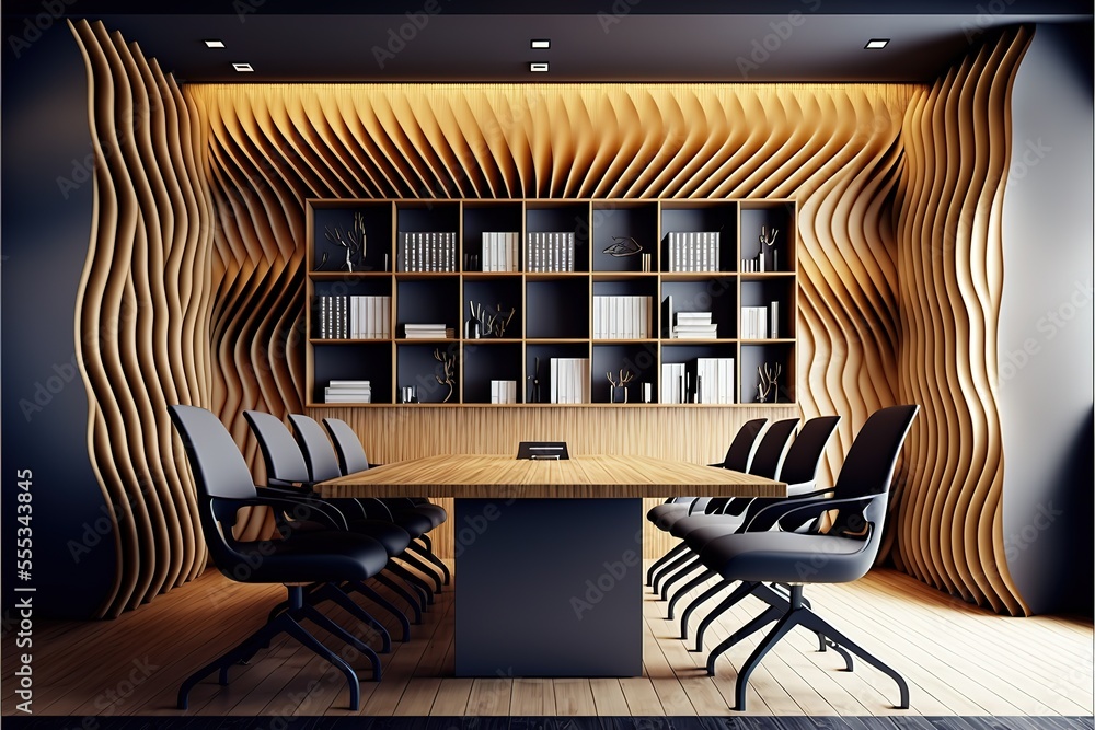 Boardroom interior with wave pattern wall, wooden floor, long table ...