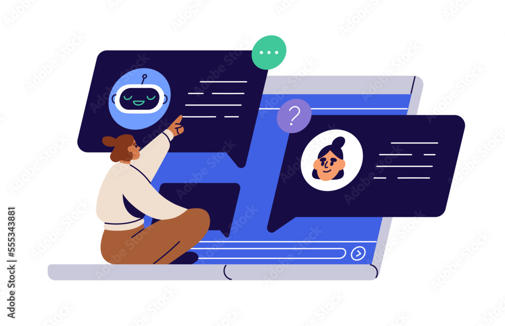 Communication and online support of AI chatbot, robot vs live chat, human assistant. Customer ...