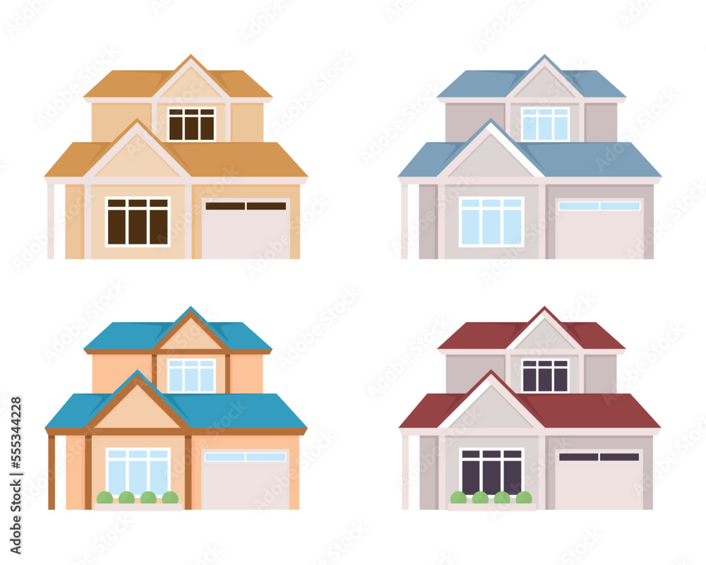 Suburban house semi flat color vector objects set. Editable elements ...