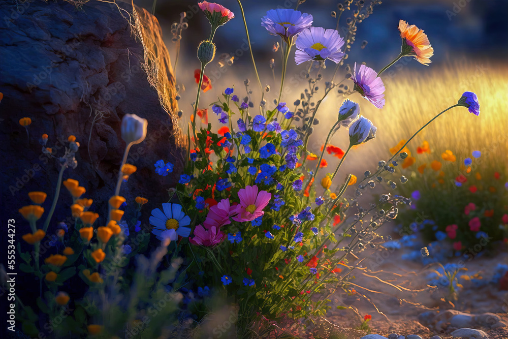 Tall and short wild flowers of all colors, growing on rocks. Beautiful ...