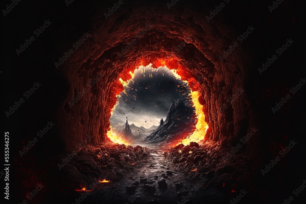 Beautiful raster graphic of a tunnel heated by magma and a volcanic ...