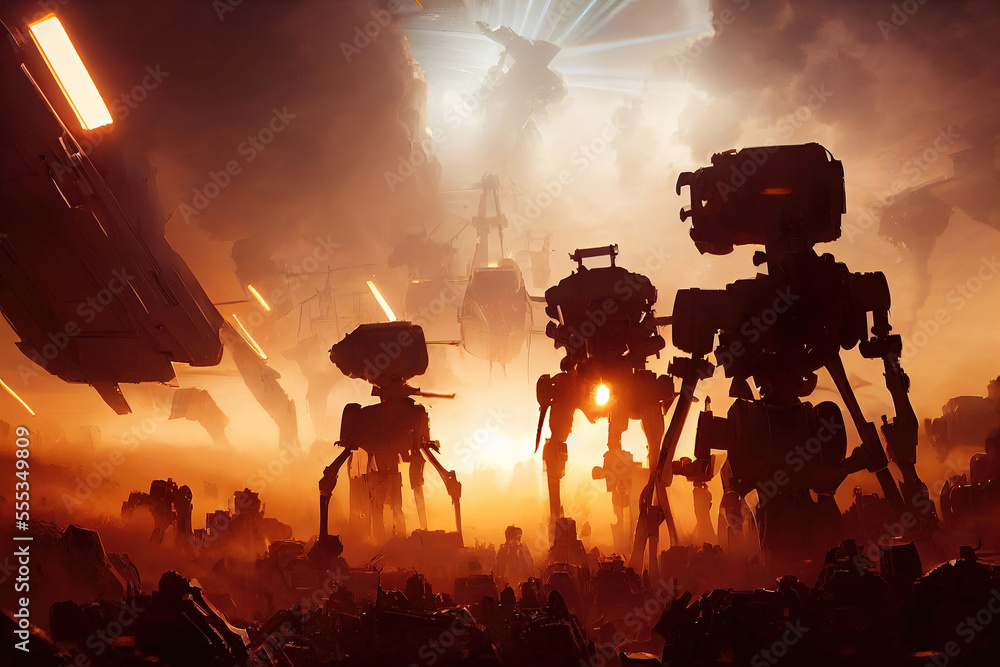 Battle robots attacking in space invasion on futuristic battlefield ...