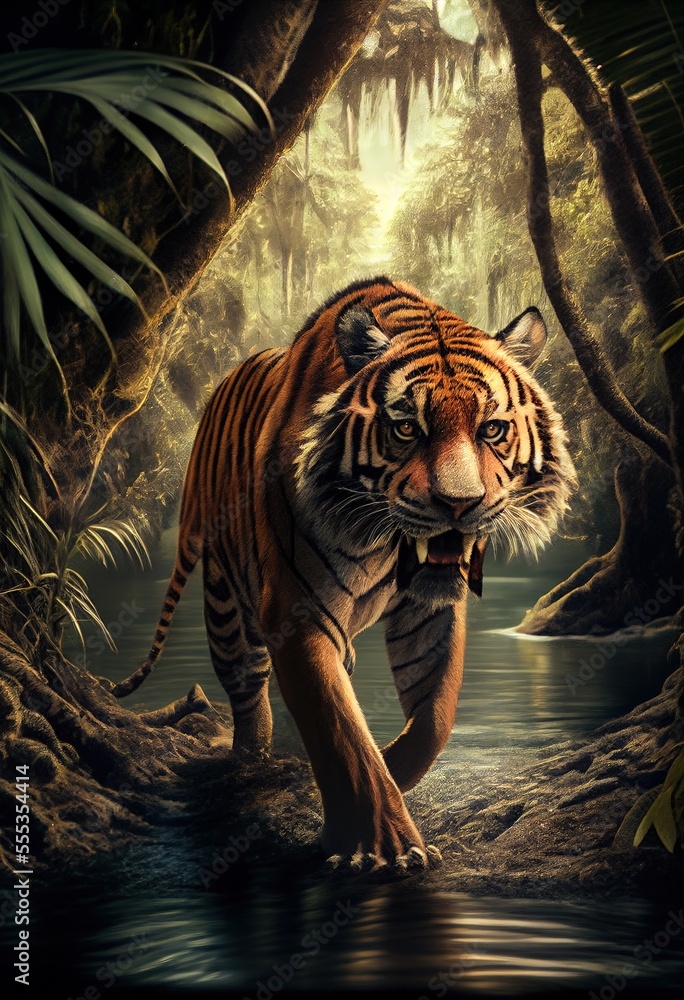 Photorealistic illustration of the tiger walking at the river the ...