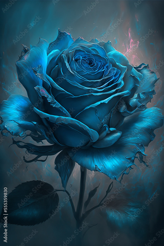 Beautiful blue rose in realistic art painting style , closeup view ...