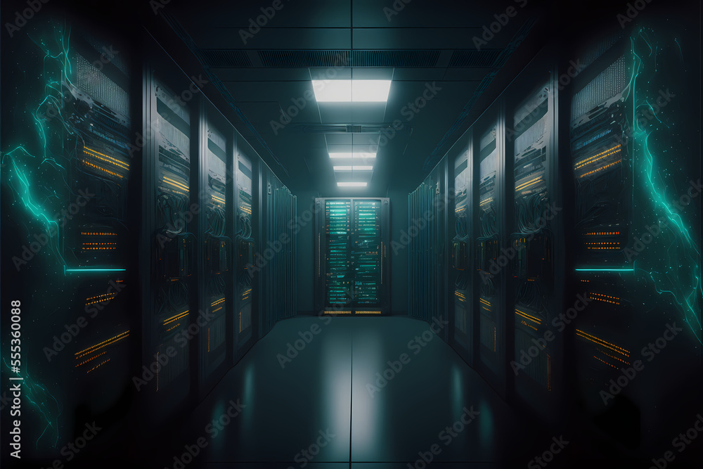 futuristic dark hacker servers data center room with computers and ...