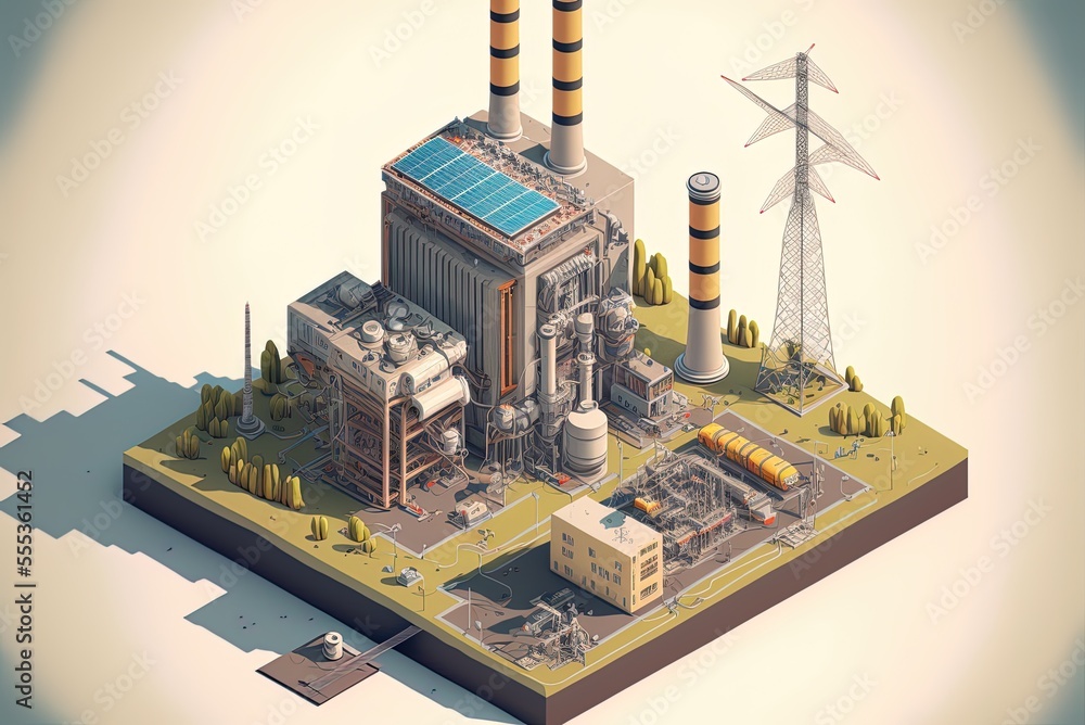 An isometric view of a power plant, including both a hydroelectric and ...