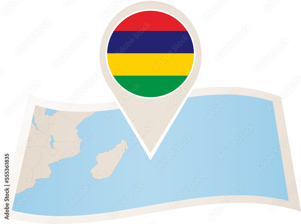 Folded paper map of Mauritius with flag pin of Mauritius. ilustração do ...